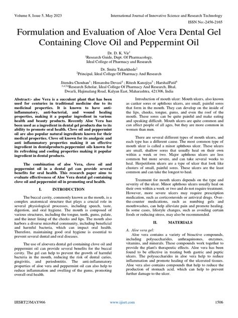 Formulation And Evaluation Of Aloe Vera Dental Gel Containing Clove Oil
