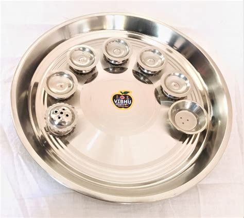 Stainless Steel Pooja Thali Set For Aarti Silver Color Aarti Thali With 5 Diya 1 Dhoop And 1