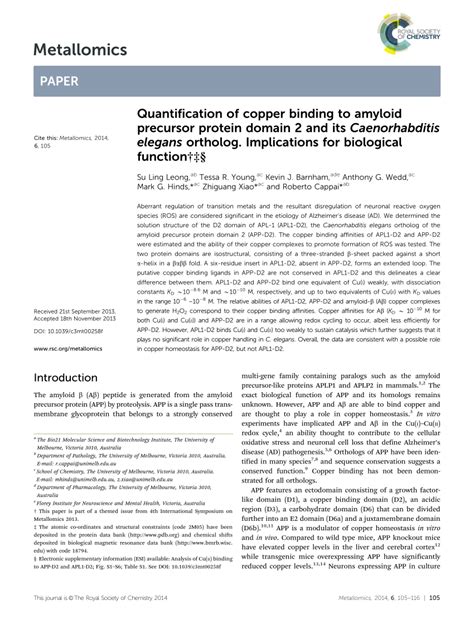 Pdf Quantification Of Copper Binding To Amyloid Precursor Protein Domain 2 And Its