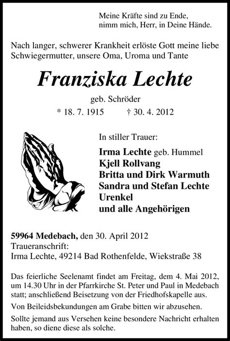 Traueranzeigen Von Franziska Lechte Trauer In Nrwde