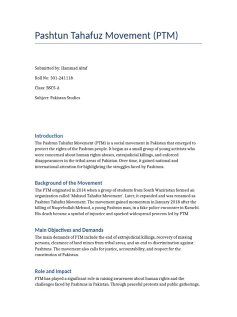 Pashtun Tahafuz Movement Assignment Hammad Altaf Pdf Human Rights