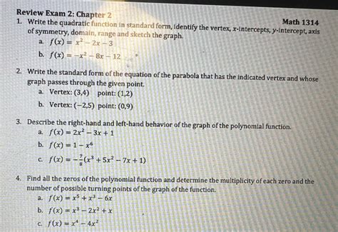 Solved Review Exam 2 Chapter 2 Math 1314 1 Write The Quadratic