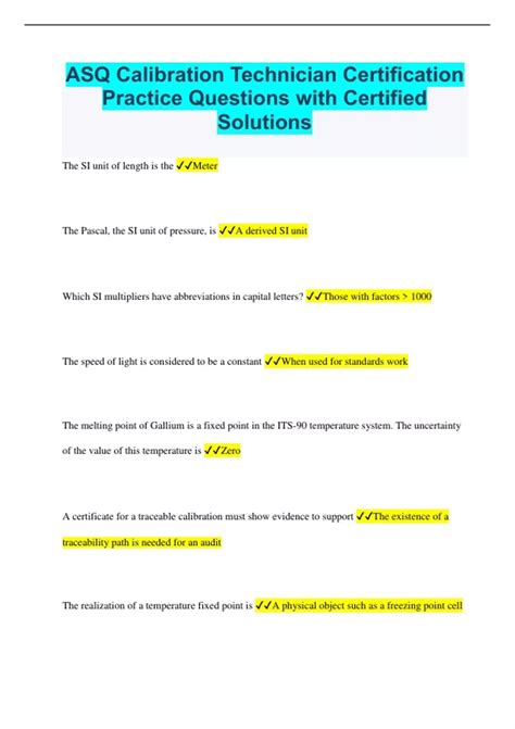 Asq Calibration Technician Certification Practice Questions With