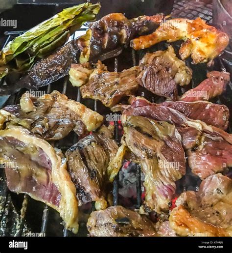 Assorted Meat From Chicken Pork Beef Fish And Vegetable Cooked On