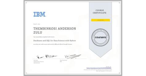 Thembinkosi Zulu On Linkedin Completion Certificate For Databases And Sql For Data Science With