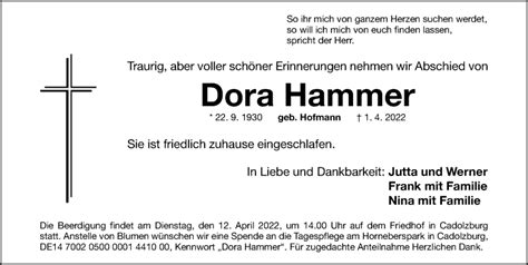 Traueranzeigen Von Dora Hammer Trauer Nn De