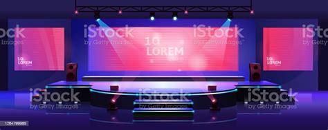 컨퍼런스 홀 프리젠 테이션 및 콘서트 장면 벡터 빈 배경 템플릿의 무대 스피커 포디움 의자 좌석 스포트라이트 및 프로젝터 디스플레이 모니터가 있는 현대적인 이벤트 스테이지