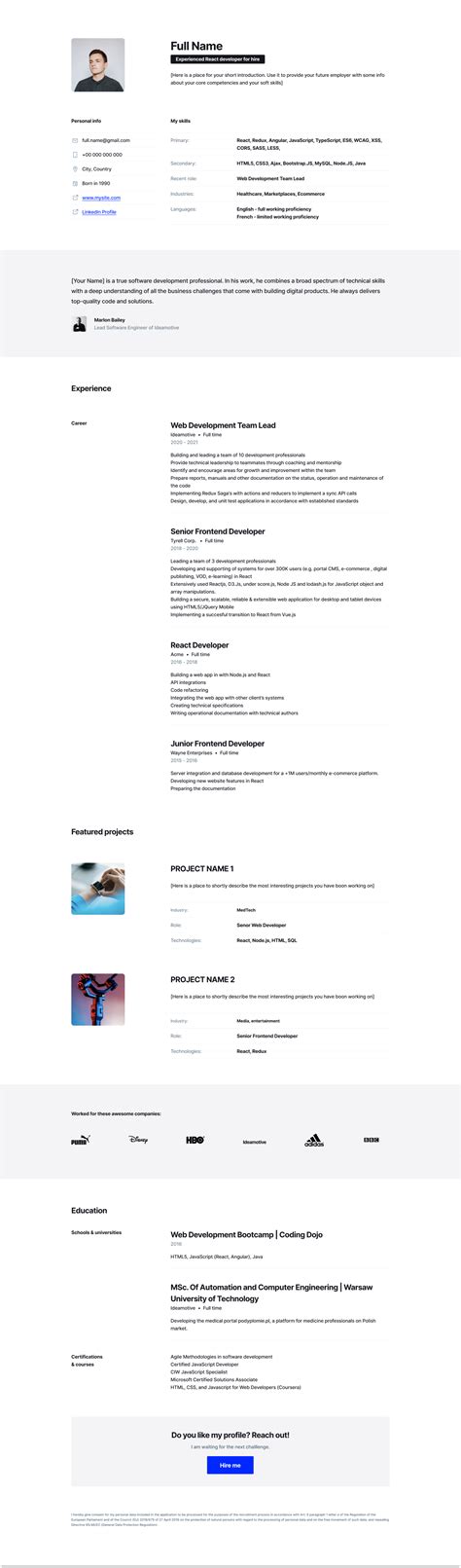Free React Developer Resume Template