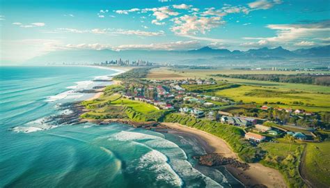 Aerial View Of A Coastal Landscape With Beaches And City Skyline At