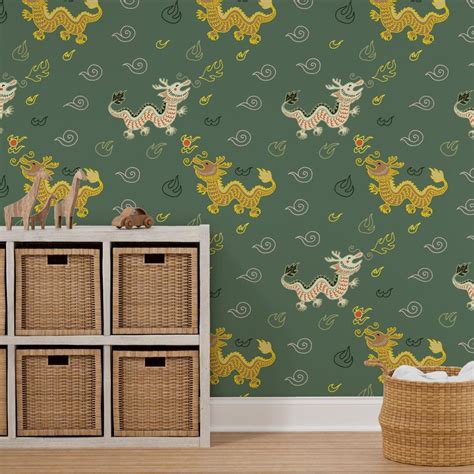 Oriental Dragons Sage Green Wallpaper Spoonflower