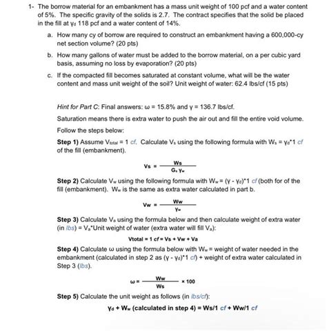 Solved The Borrow Material For An Embankment Has A Mass Unit