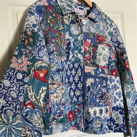 Blue And Multi Coloured Patchwork Quilted Jacket Depop