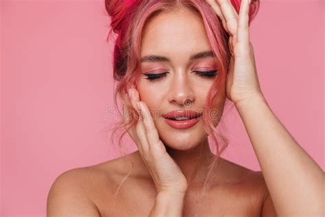 Portrait Of Alluring Shirtless Young Woman Touching Her Head With Eyes
