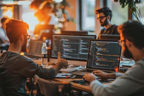 Brainstorming It Programmers Use Computer Together Software Engineers Develop App Program