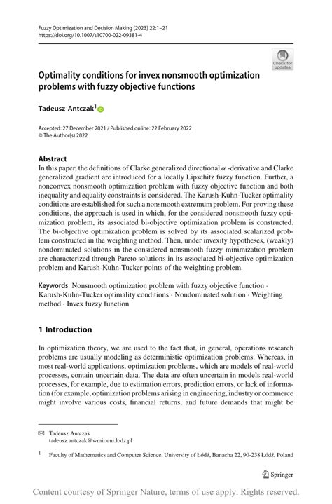 Pdf Optimality Conditions For Invex Nonsmooth Optimization Problems With Fuzzy Objective Functions