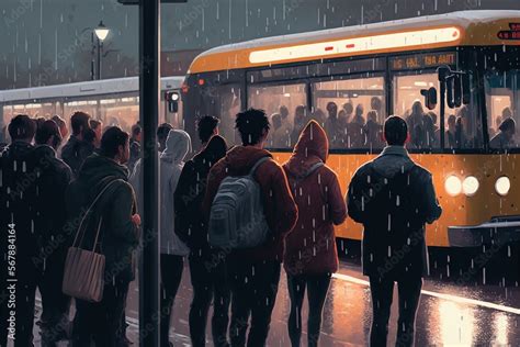 Crowd Of People Standing At Bus Stop Created With Generative Ai