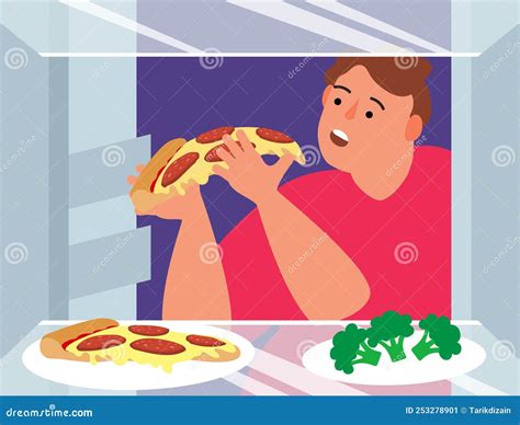 Hungry Fat Man Eats Pepperoni Pizza Slice At Night Fridge View Vector