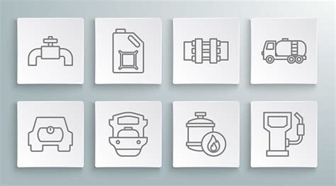 차량 캐니스터 모터 오일 유조선 선 프로판 가스 주유소 금속 파이프 및 밸브 탱커 트럭 및 아이콘을위한 라인 가스 탱크를 설정합니다 벡터 아이콘에 대한 스톡 벡터 아트 및