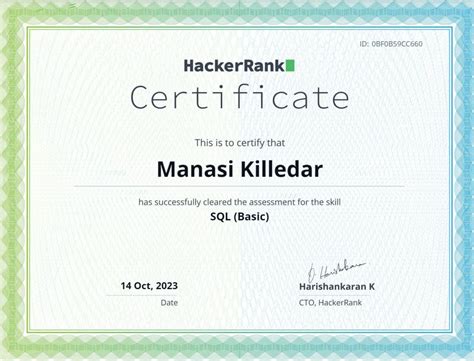 excited to announce my sql certification from hackerrank manasi killedar
