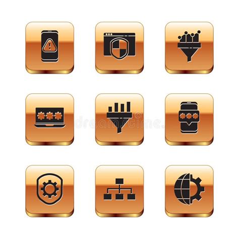 Set Mobile With Exclamation Mark Shield Settings Gear Hierarchy Organogram Chart Sales Funnel
