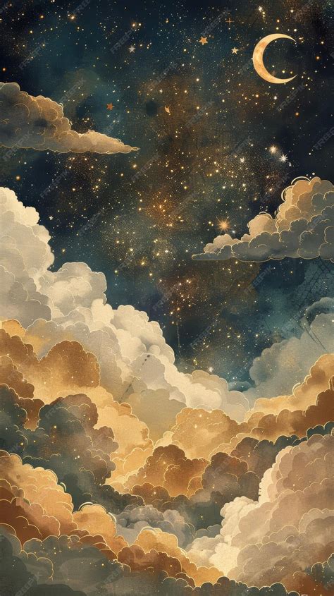 Whimsical Night Sky Illustration With Fluffy Clouds Twinkling Stars And