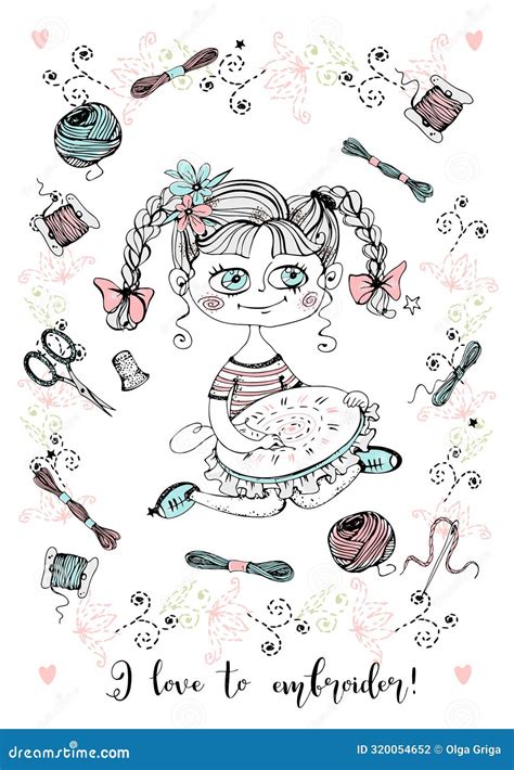 A Cute Needlewoman Girl With Embroidery Accessories For Needlework Vector