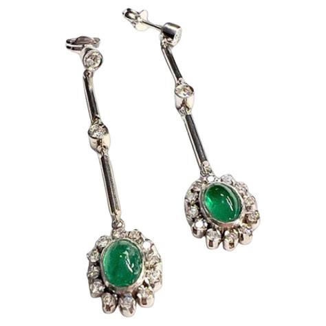 Estate Emerald And Diamond Platinum Art Deco Style Leaf Dangle Earrings