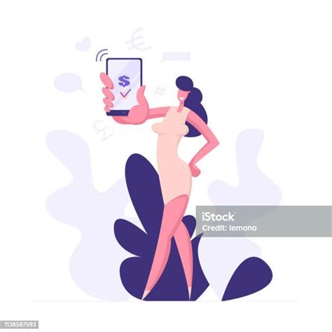 스마트 폰 처리 지불과 사업가 캐릭터와 비즈니스 모바일 뱅킹 개념 현대 여성 배너 웹 사이트에 대 한 무선 돈을 전송 웹 페이지