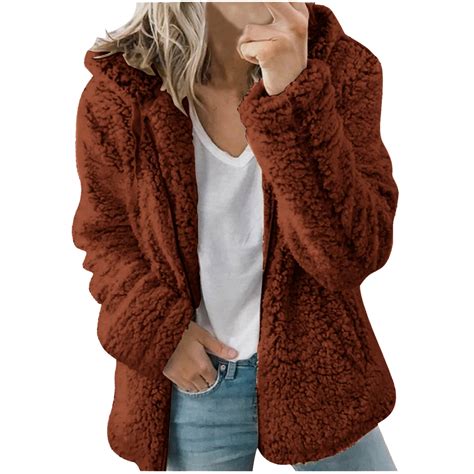 Dezsed Womens Winter Sherpa Jacket Warm Faux Coat With Zipper Brown