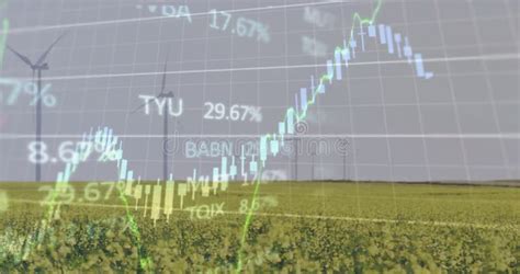Animation Of Diagrams And Data Processing Over Field With Wind Turbines