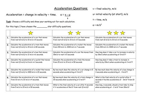 Differentiated Worksheet On Calculating Acceleration Velocity And Time