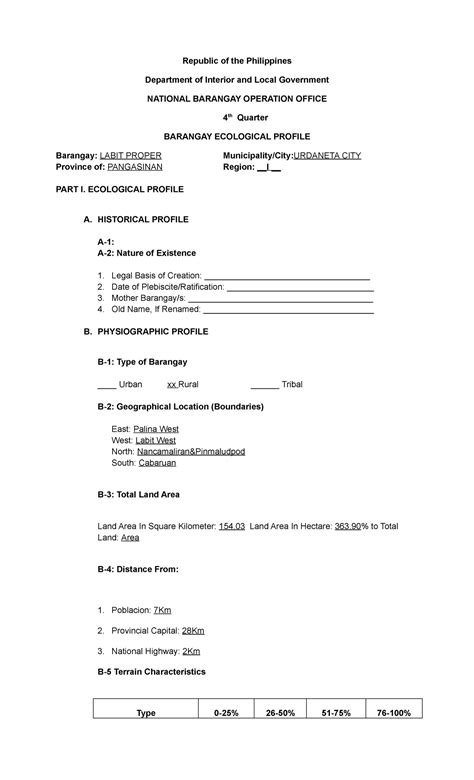 Barangay Ecological Profile Republic Of The Philippines Department