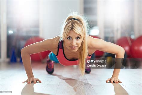 Blonde Athlete Doing Push Ups For Arms And Shoulders Muscles High Res