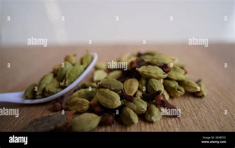 Dry Cardamom Pods Putting On A Wooden Background Fresh Elaichi