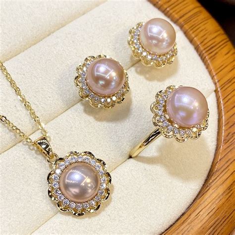 Bộ Set Ngọc Trai Dây Chuyền Nhẫn Bông Tai Dáng Hoa Sang Trọng