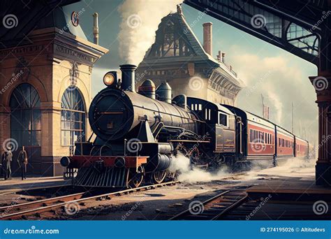Classic Train Station With Vintage Carriages And Steam Engine On