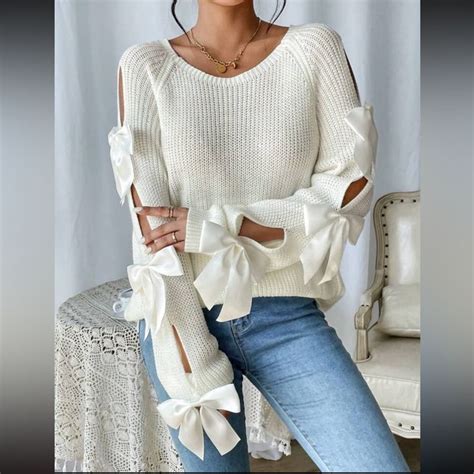 Cozy Bow Detail Pullover Knit Sweater Long Sleeve Sweaters For Women