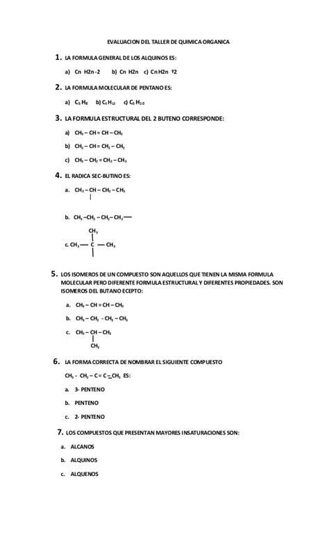 Taller 11 Nomenclatura De Alcanos Alquenos Y Alquinos