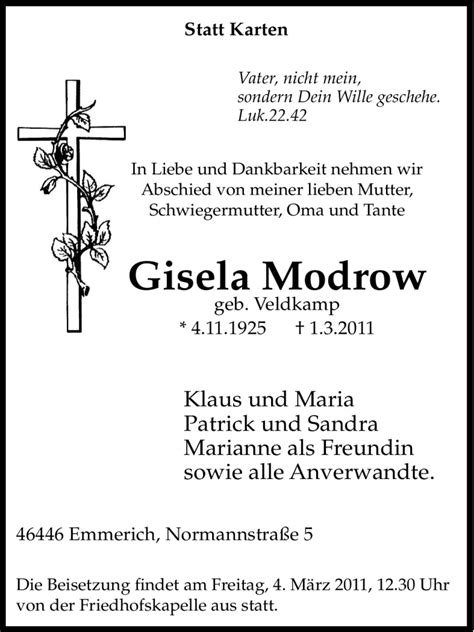 Traueranzeigen Von Gisela Modrow Trauer In Nrw De