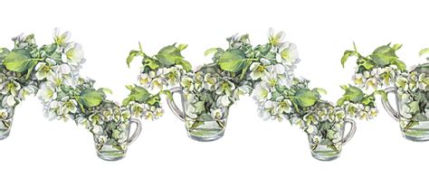 매끄러운 림 수채화 꽃다발은 흰색 배경에 꽃병에 사과 꽃이 있습니다 봄 향기로운 꽃입니다 낭만적 인 축하를위한 무성한 단풍 결혼식 또는 3 월 8 일 국경 포장 0명에 대한