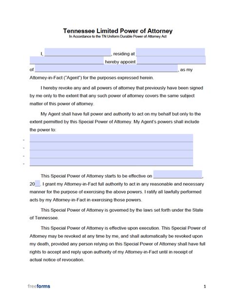 Free Tennessee Limited Special Power Of Attorney Form Pdf Word