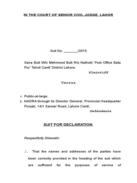 Suit For Declaration Sana Nadra Achisitecomdoc Pdf Lawsuit Virtue