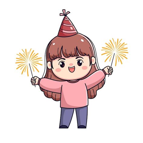 Cute Cartoon Girl Celebrating New Year Or Birthday Party Chibi Kawaii