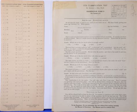 Psychological Test Otis Classification Test Examination Form B Smithsonian Institution