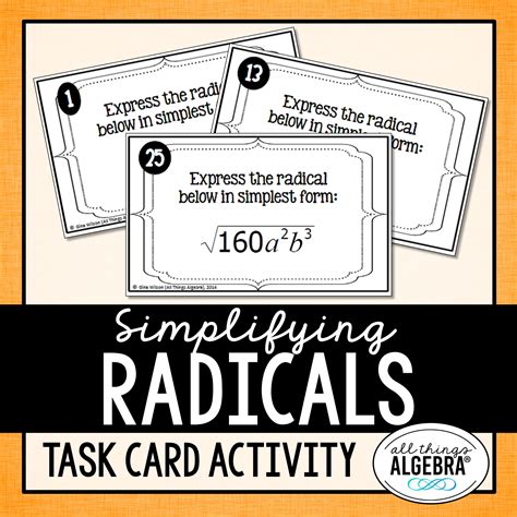 Simplifying Radicals Square Roots And Cube Roots Task Cards All Things Algebra