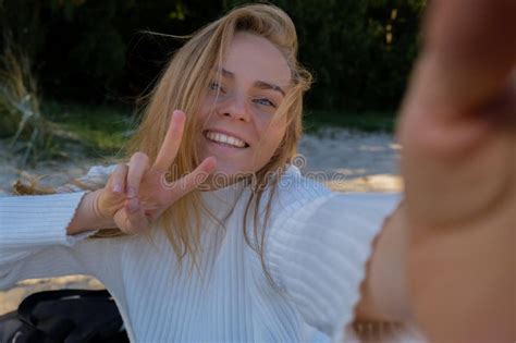 Portrait Of Happy Young Woman Take Selfie On The Beach Sea Ocean