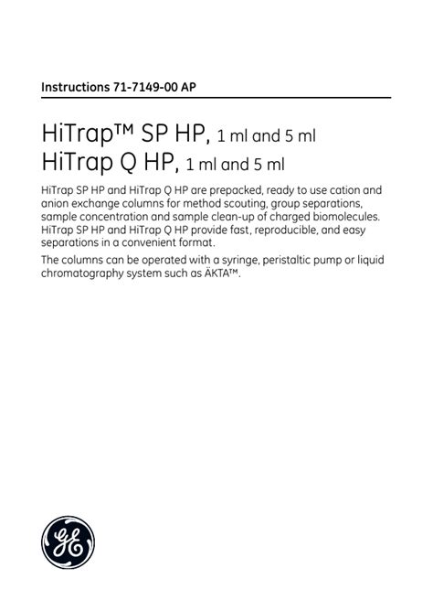 Hitrap™ Sp Hp 1 Ml And 5 Ml Hitrap Q Hp 1 Ml And 5 Ml