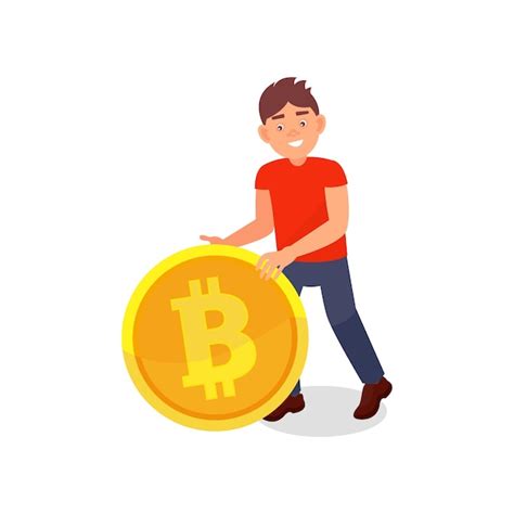 Premium Vector Smiling Young Man With Big Golden Bitcoin