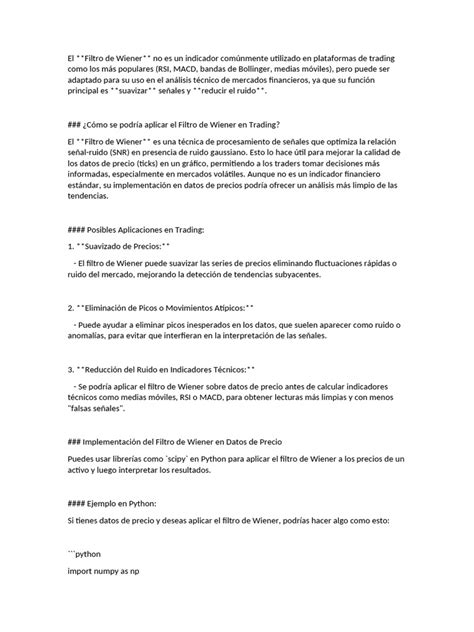Aplicación Del Filtro De Wiener En Trading Pdf Informática