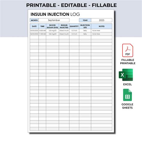 Blood Sugar Injection Log Diabetes Medication Log Insulin Therapy